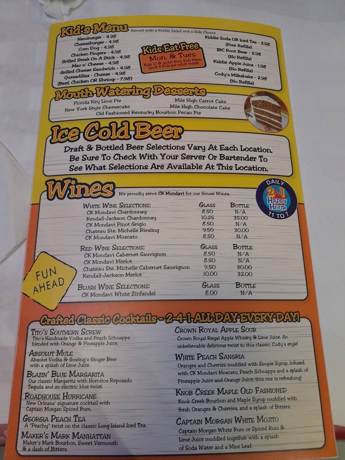 Menu at Cody's Original Roadhouse - Ocala, FL restaurant, Ocala, SW ...