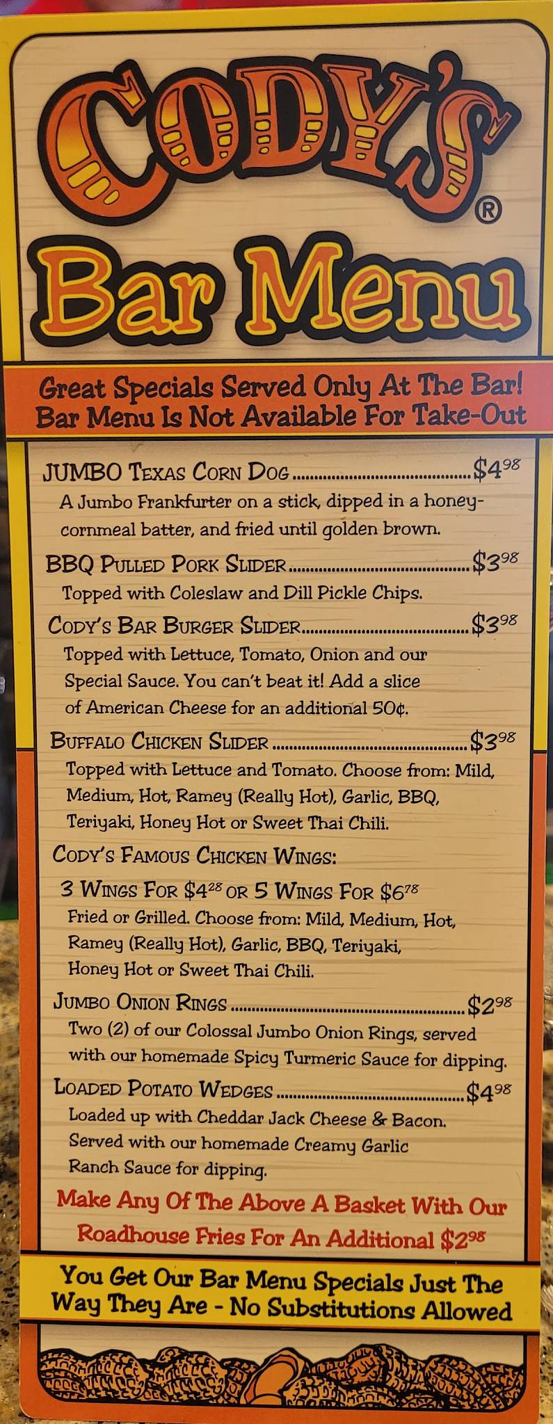 Menu at Cody's Original Roadhouse - Ocala, FL restaurant, Ocala, SW ...