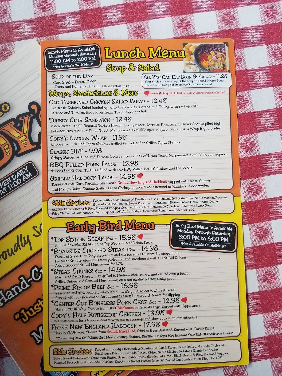 Menu at Cody's Original Roadhouse - Ocala, FL restaurant, Ocala, SW ...