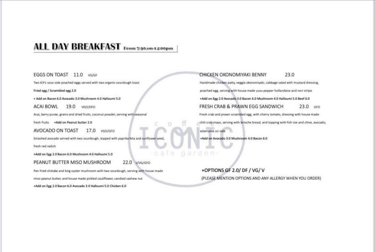 Menu at Coffee Iconic cafe, Brisbane City