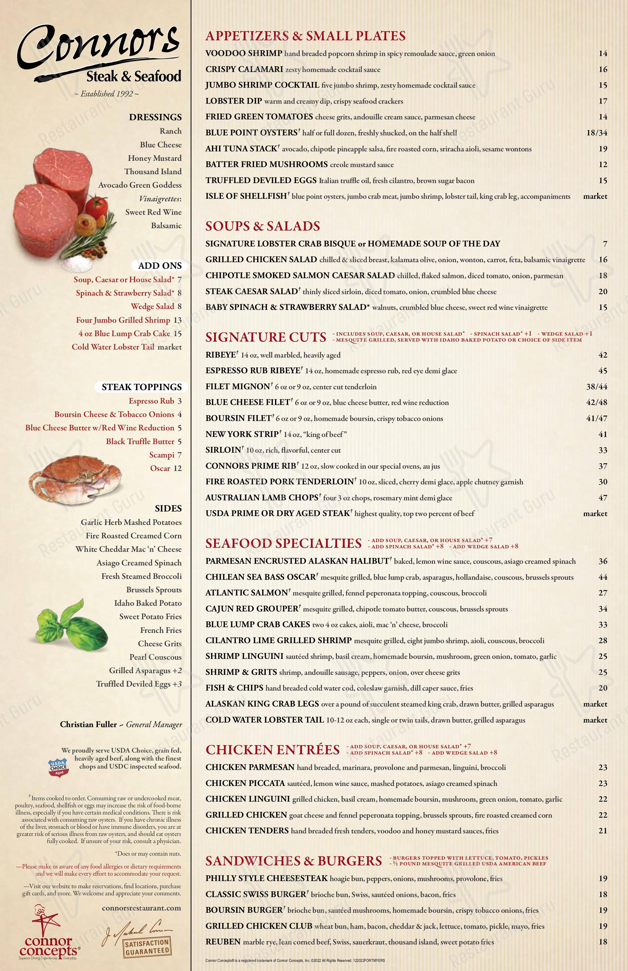 Menu at Connors Steak & Seafood pub & bar, Knoxville