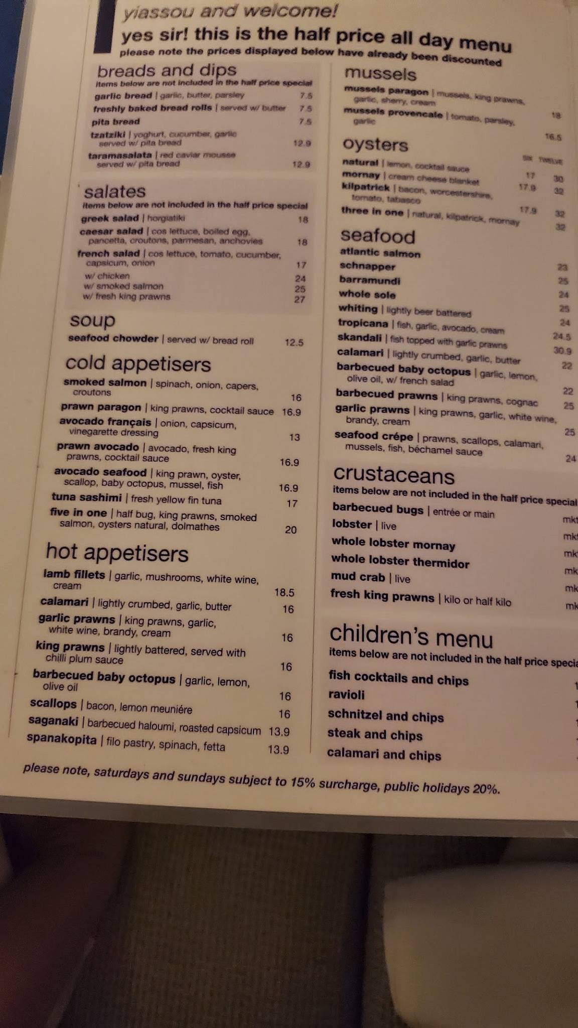 Menu at George's Paragon Coolangatta restaurant, Coolangatta, The Strand
