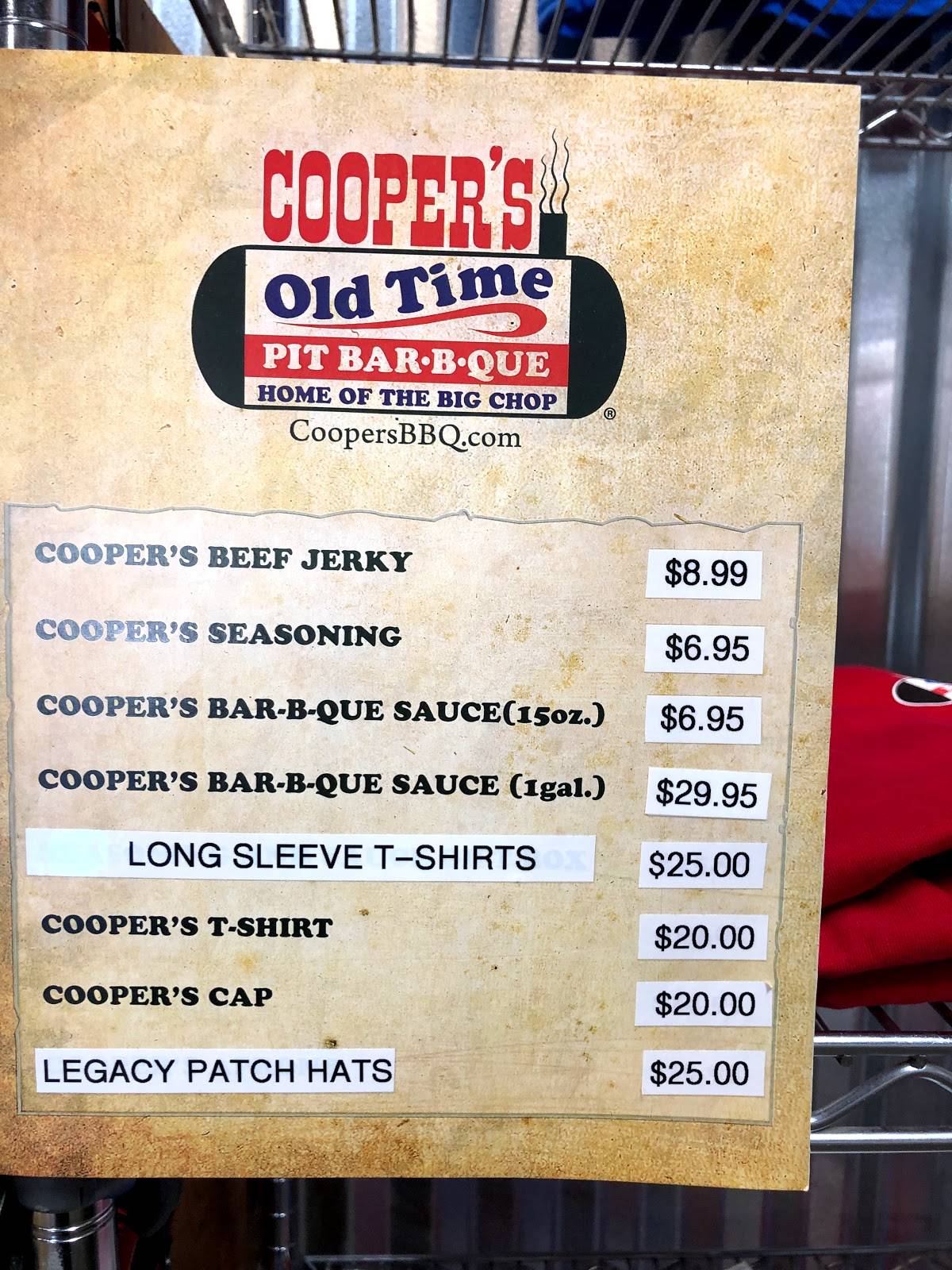 Menu at Coopers Old Time Pit Bar-B-Que, New Braunfels