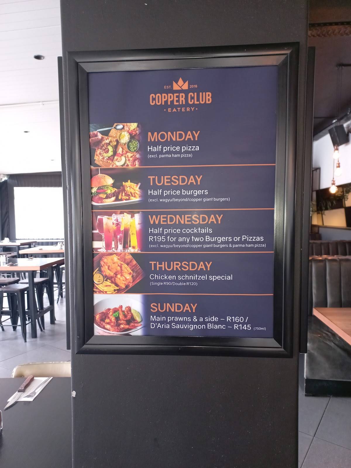 Menu at Copper Club Tyger Waterfront, Cape Town, 18-19