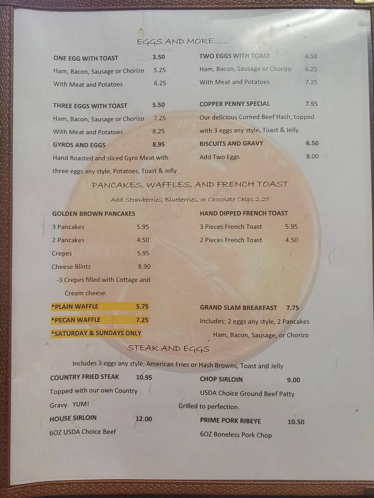 Menu at Copper Penny Family Restaurant, West Bend