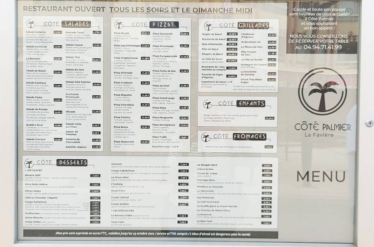 Menu au Côté Palmier restaurant, Bormes-les-Mimosas