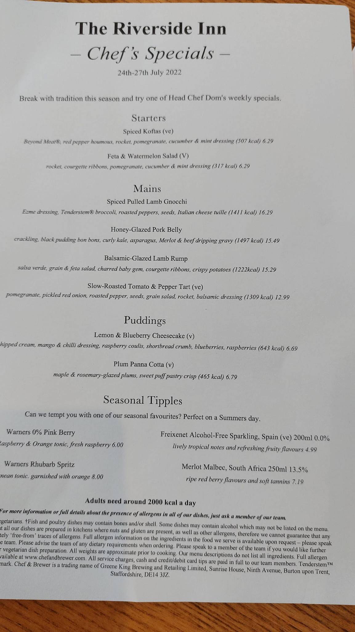 Menu at Riverside Inn pub & bar, Cound, Cound