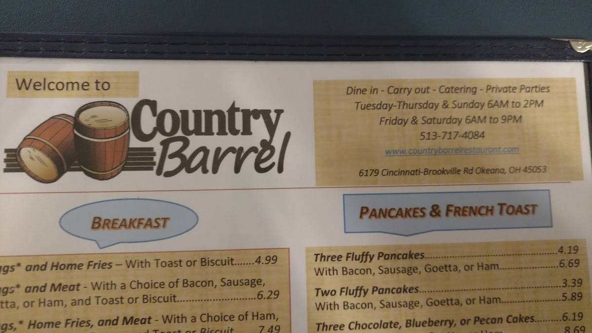 Menu at Country Barrel Restaurant, Okeana, Cincinnati Brookville Rd