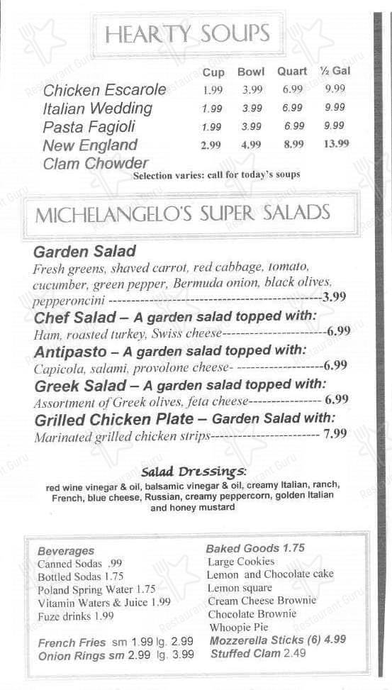 Menu at Michelangelo's pizzeria, Cranston