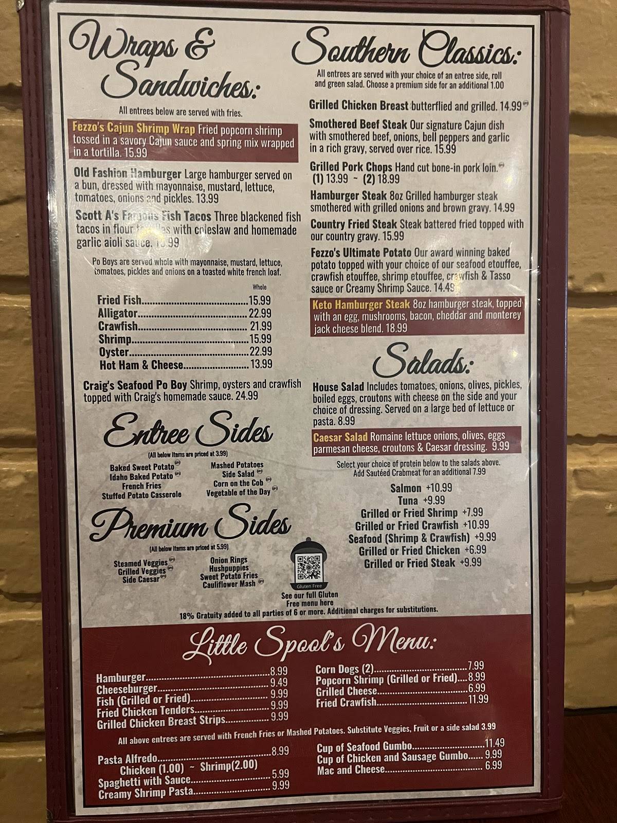 Menu at Fezzo's Seafood, Steakhouse and Oyster Bar of Crowley, Crowley