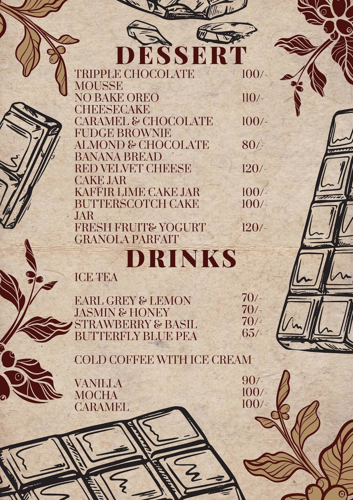 Menu at Crusty's, Kolkata