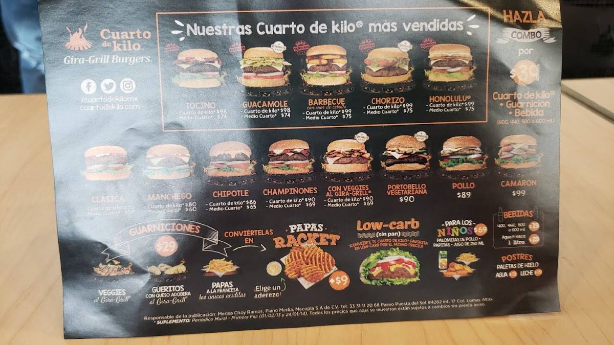 Carta de comida rápida Cuarto de kilo, Guadalajara, Av Río Nilo 2003