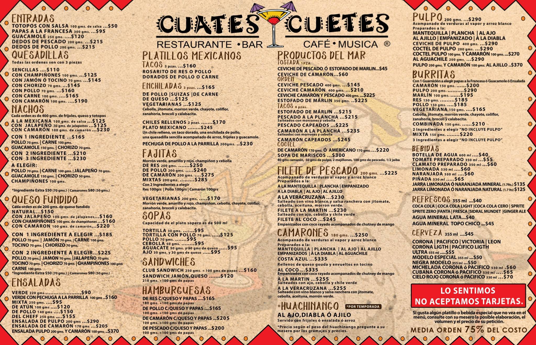 Menu at Cuates y Cuetes restaurant, Puerto Vallarta