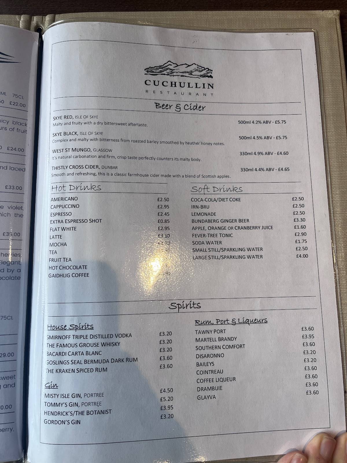 Menu at Cuchullin Restaurant, Portree