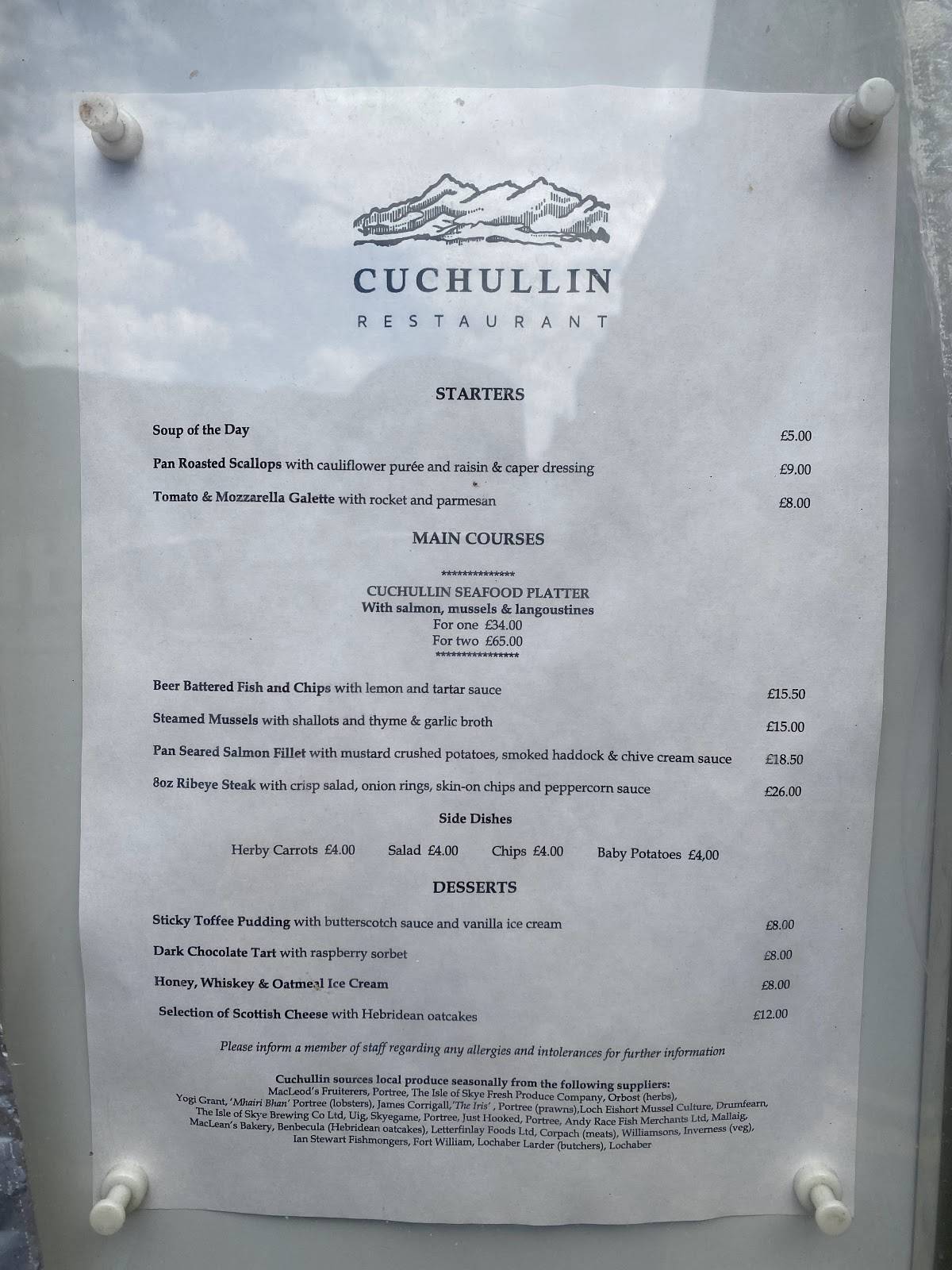 Menu at Cuchullin Restaurant, Portree
