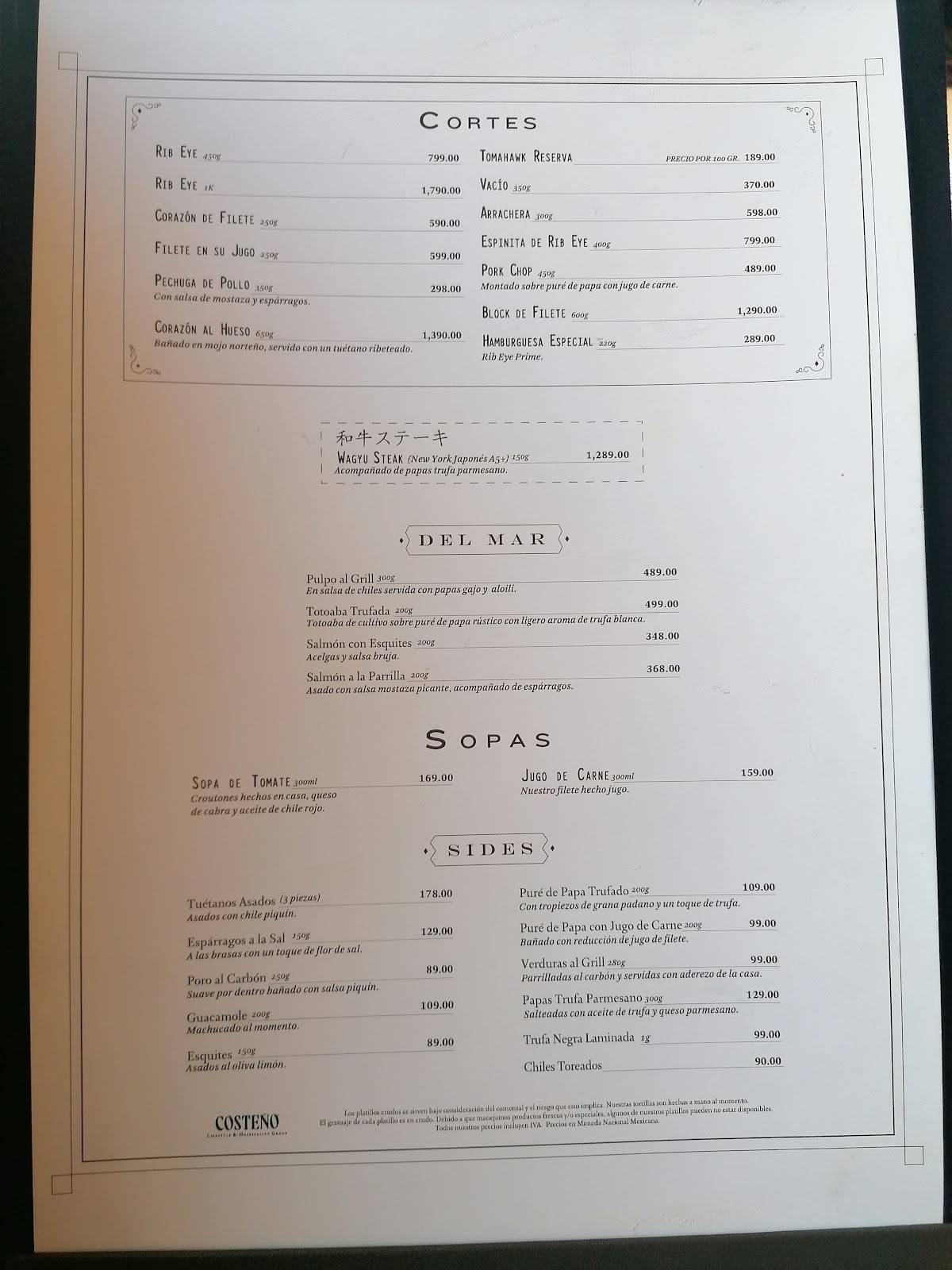 Carta del restaurante Cuerno Andares, Guadalajara