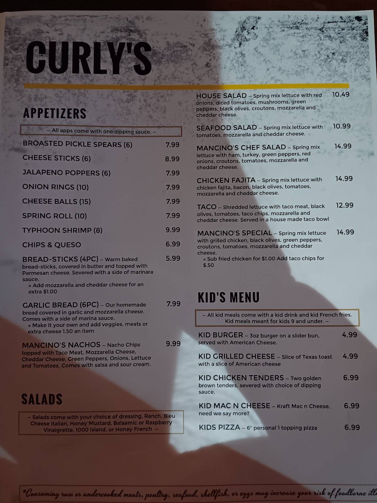 Menu at Curlys Inc pub & bar, Colon