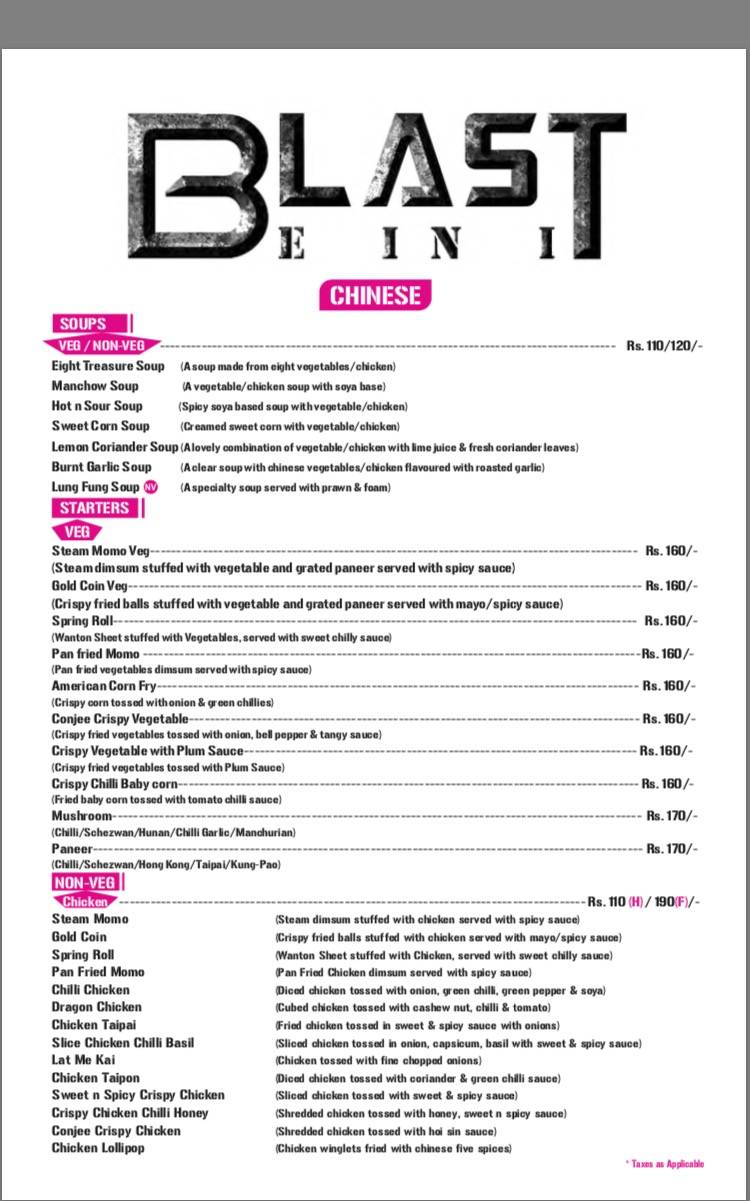 Menu at BLAST, Cuttack, Rex plaza