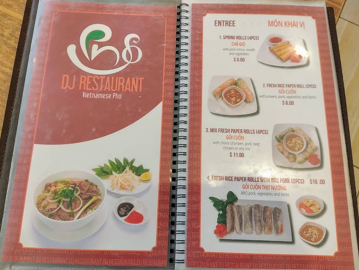 Menu at DJ Vietnamese Pho restaurant, Ingleburn