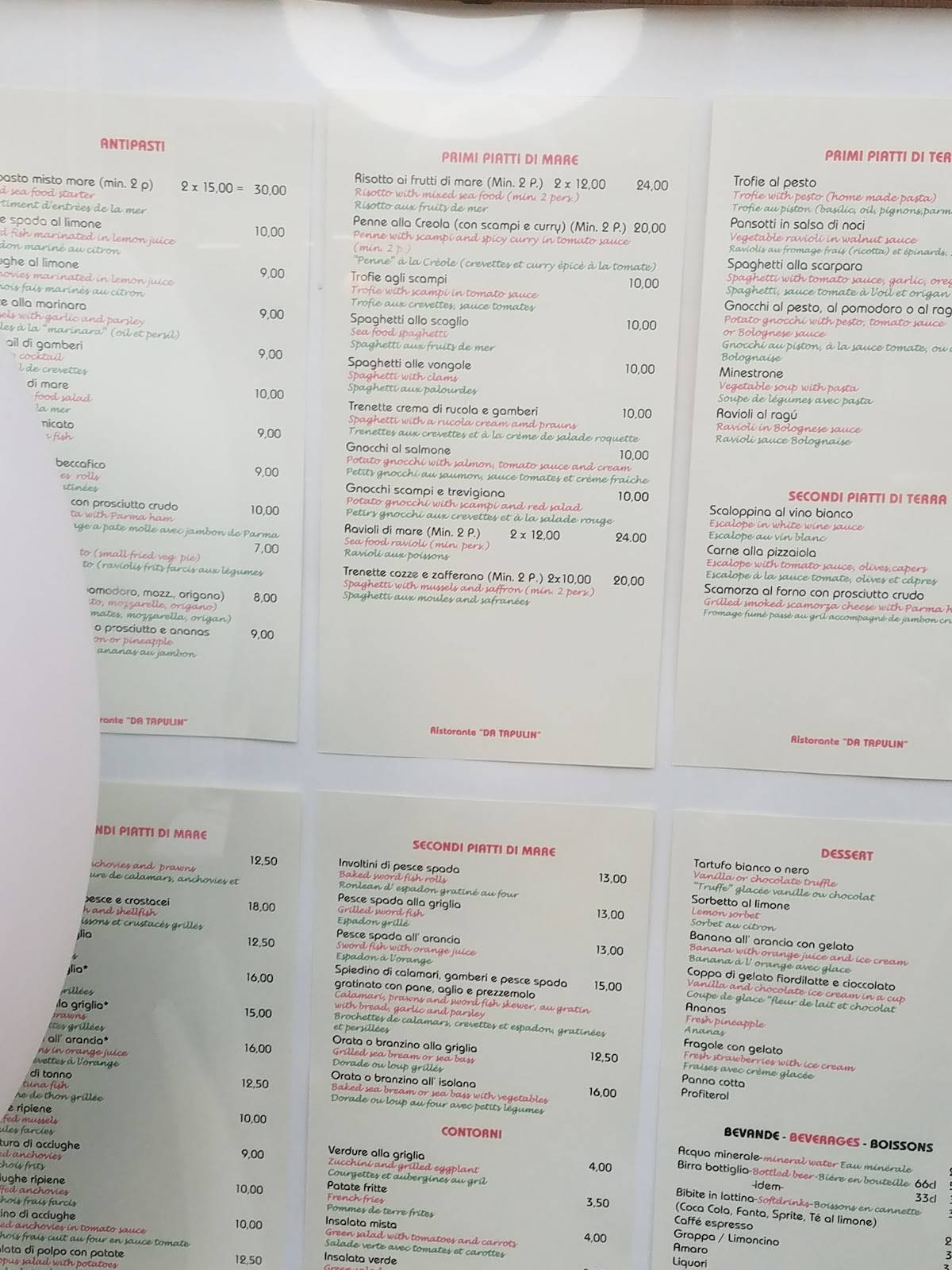 Menu da Da Tapulin ristorante, Levanto