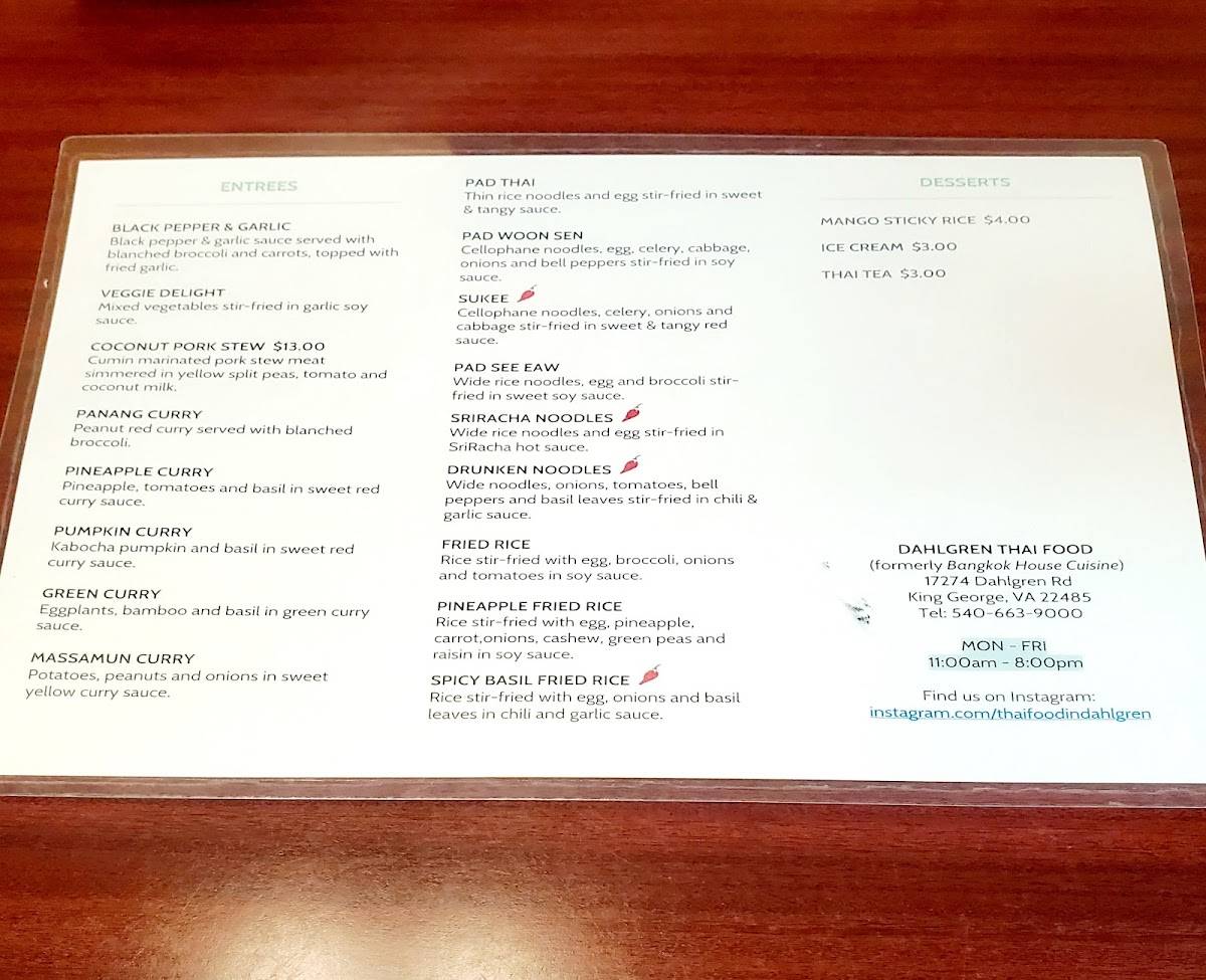 Menu at Dahlgren Thai Food restaurant, Dahlgren