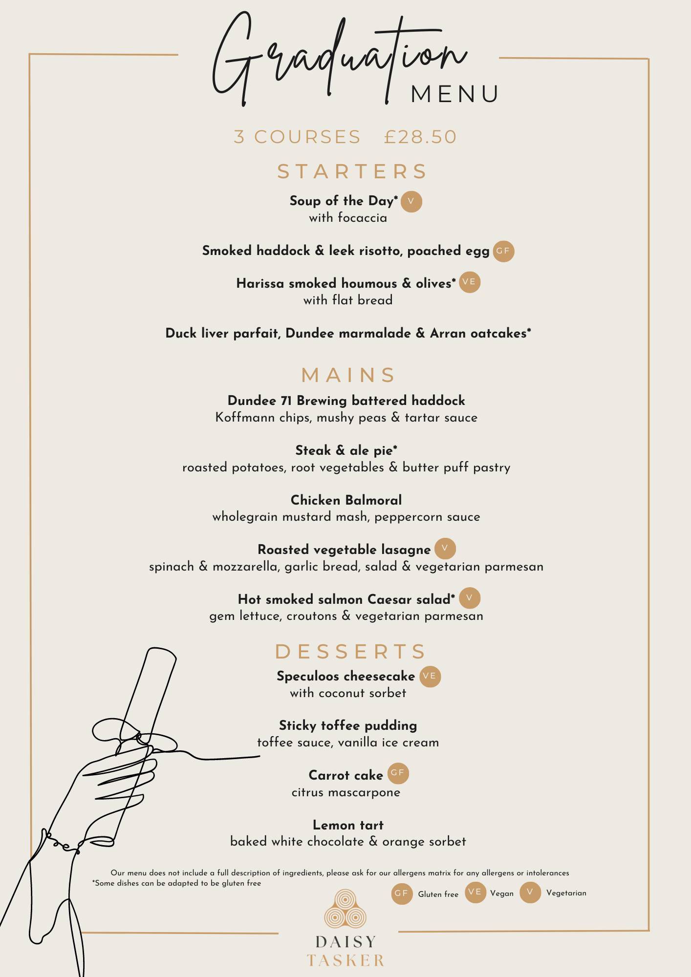 Menu at Daisy Tasker restaurant, Dundee