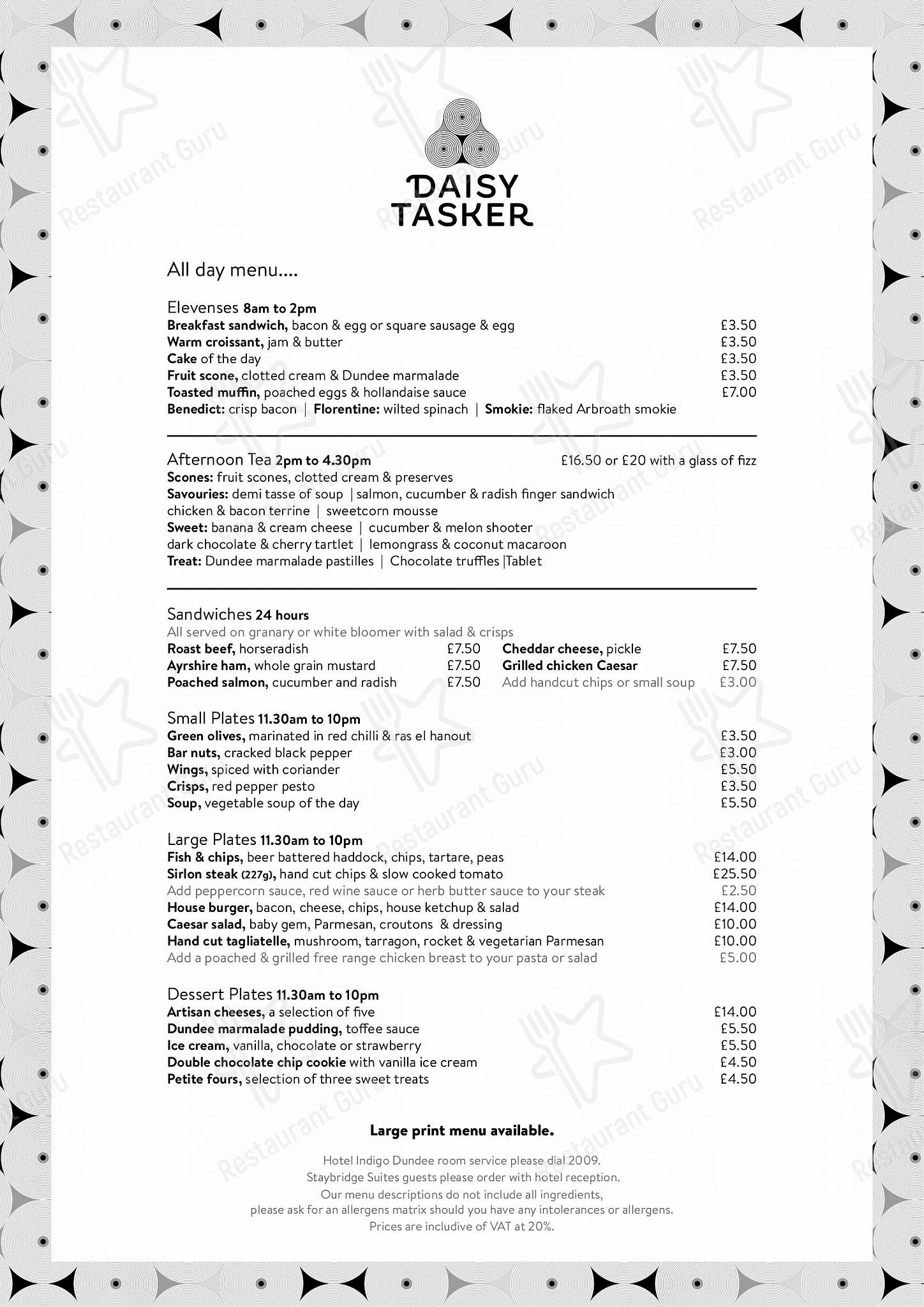 Menu at Daisy Tasker restaurant, Dundee