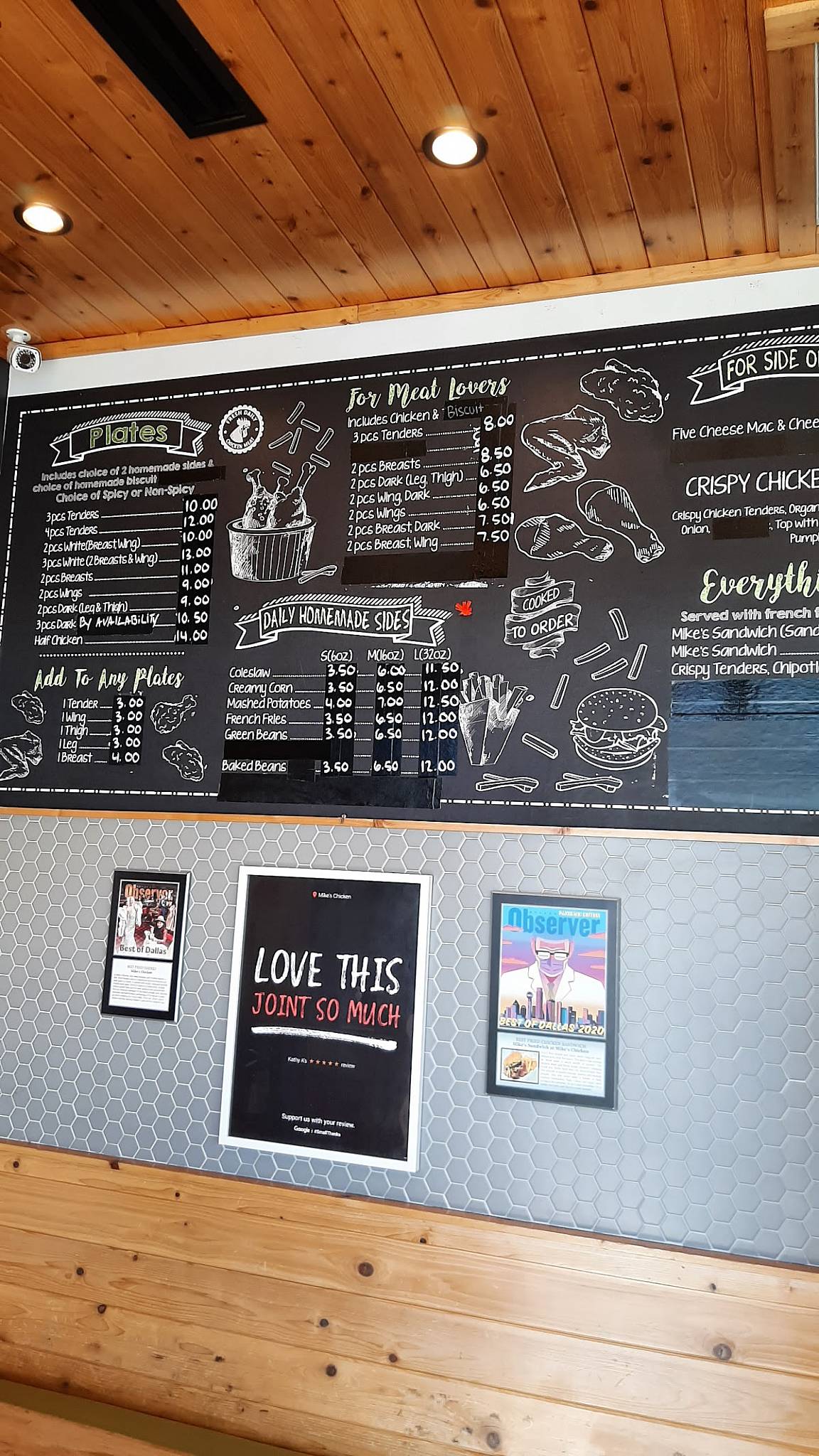 Menu at Mike's Chicken restaurant, Dallas, Maple Ave
