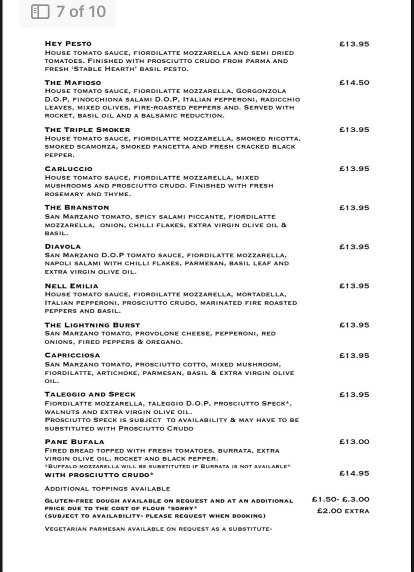 Menu at Stable Hearth pizzeria, Darlington, 33-35 Duke St