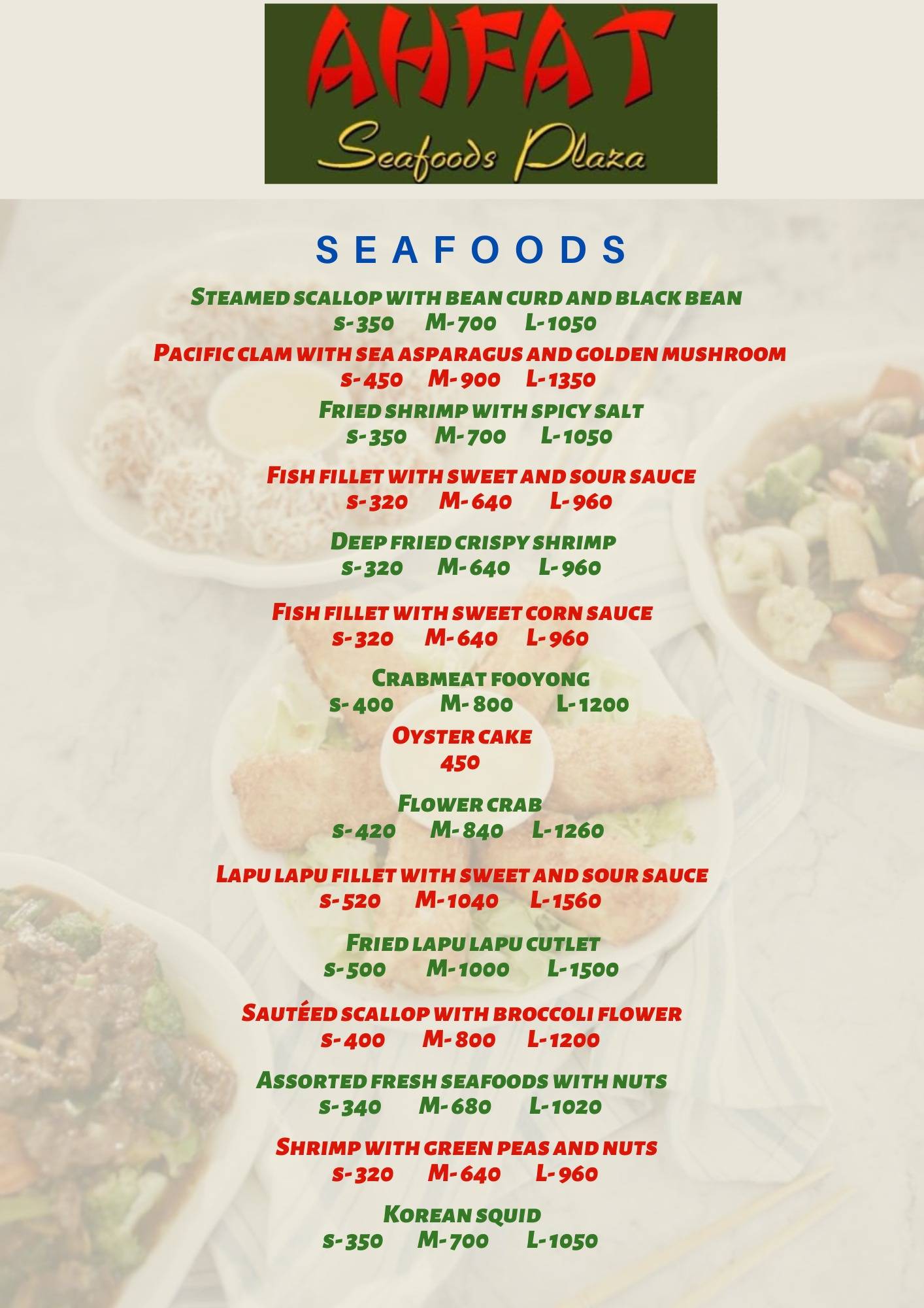 Menu at Ahfat Seafoods Plaza restaurant, Davao City