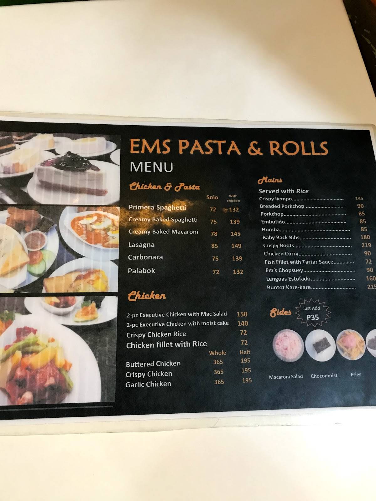 Menu at Cotabato Ems Pasta and Rolls restaurant, Davao City