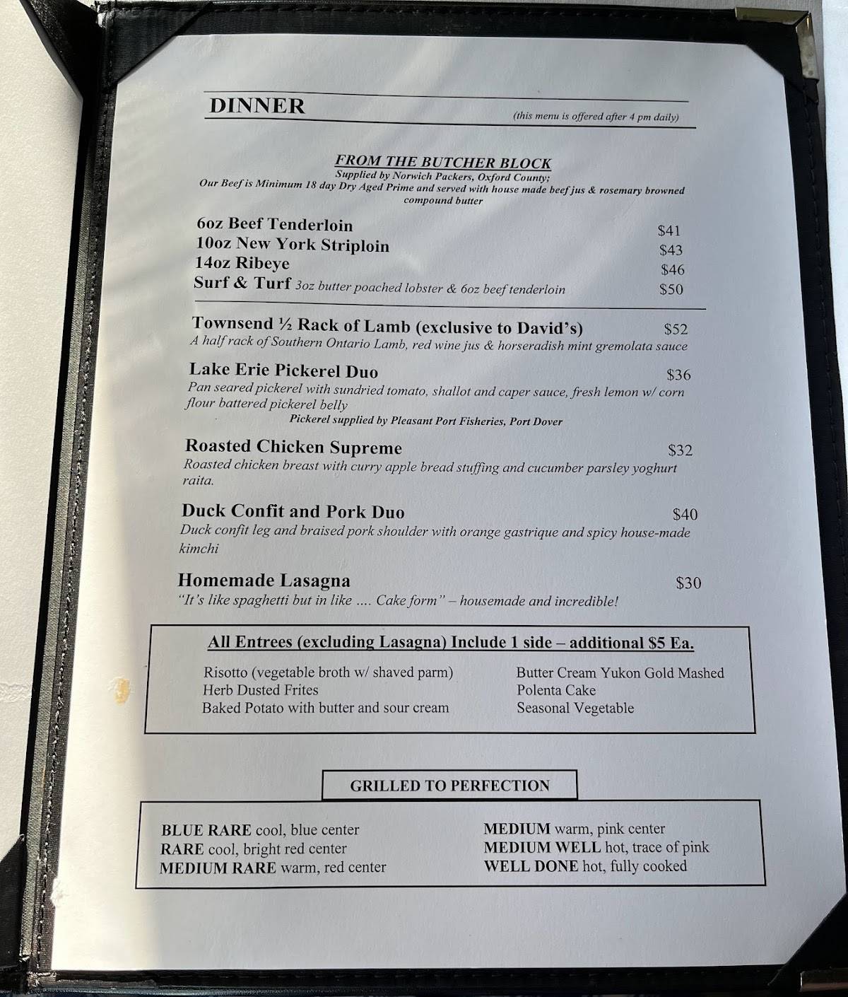 Menu at David's Restaurant, Port Dover