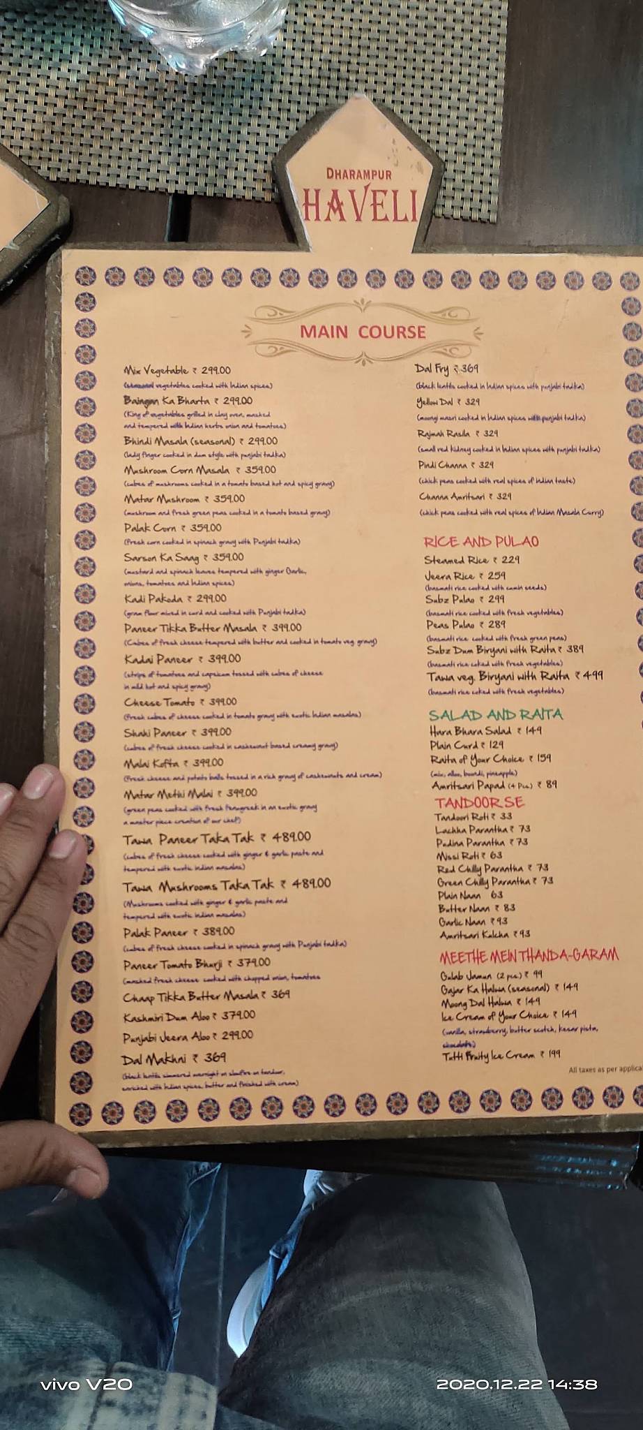 Menu at Dharampur Haveli, Dharampur