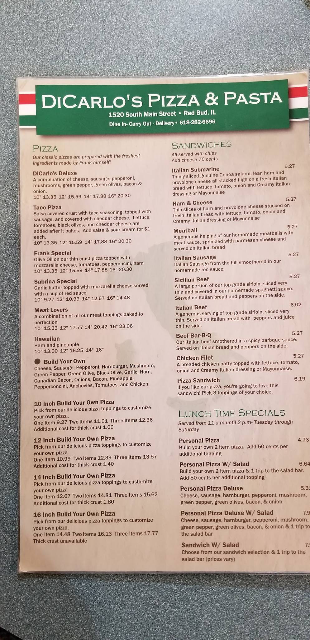 Menu at Di Carlo's Pizza & Pasta pizzeria, Red Bud