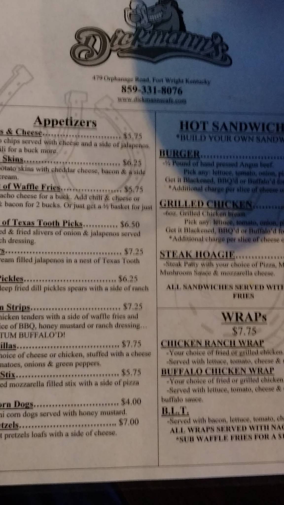 Menu at Dickmann's Sports Barn, Fort Wright