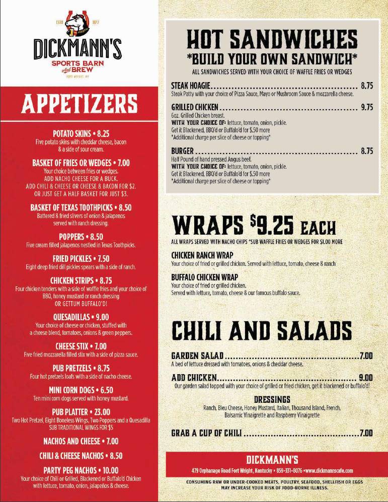 Menu at Dickmann's Sports Barn, Fort Wright