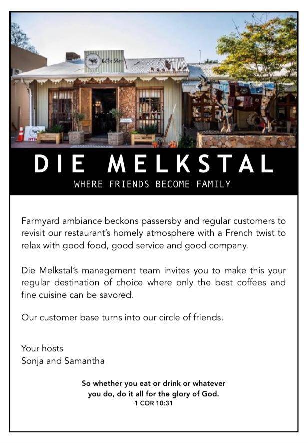 Menu at Die Melkstal cafe, Rustenburg, 188 Kock St
