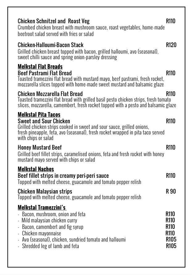 Menu at Die Melkstal cafe, Rustenburg, 188 Kock St