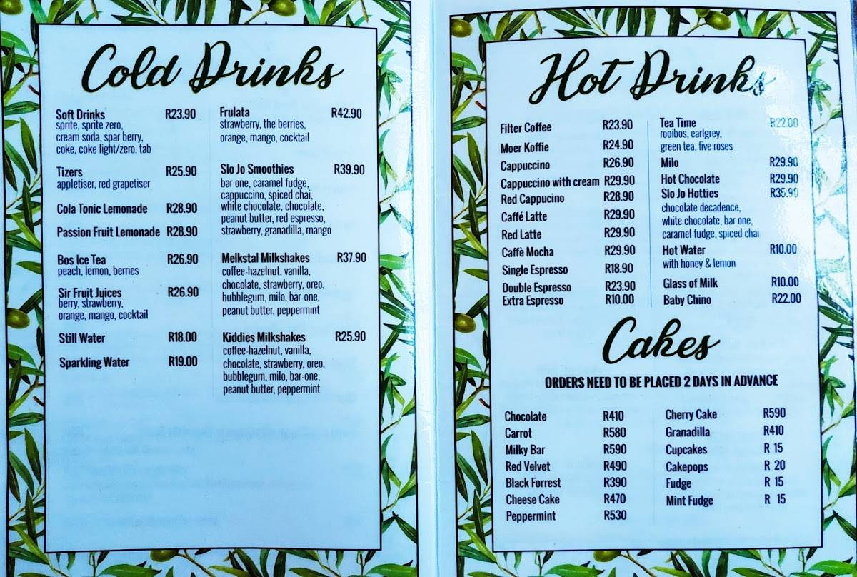 Menu at Die Melkstal cafe, Rustenburg, 188 Kock St