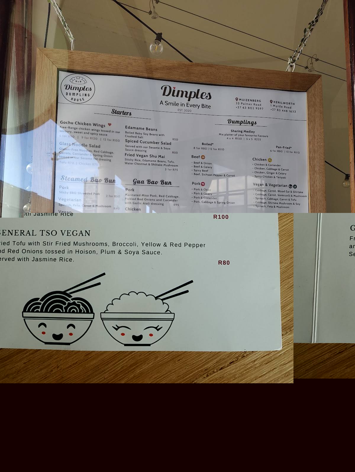 Menu at Dimples Dumpling House restaurant, Cape Town, 33 Palmer Rd