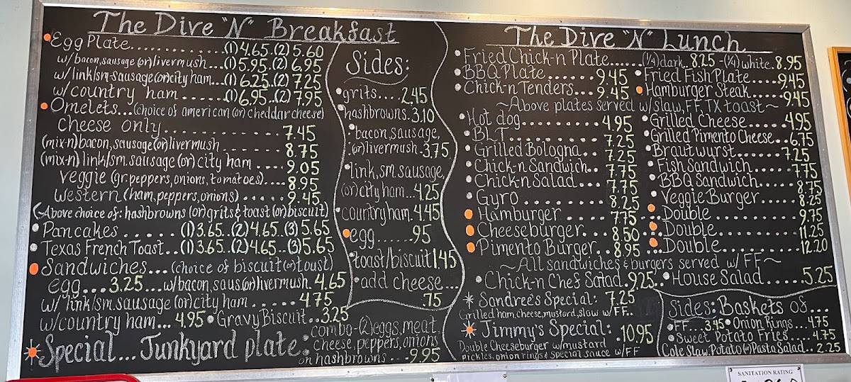Menu at Dive N restaurant, Pineville