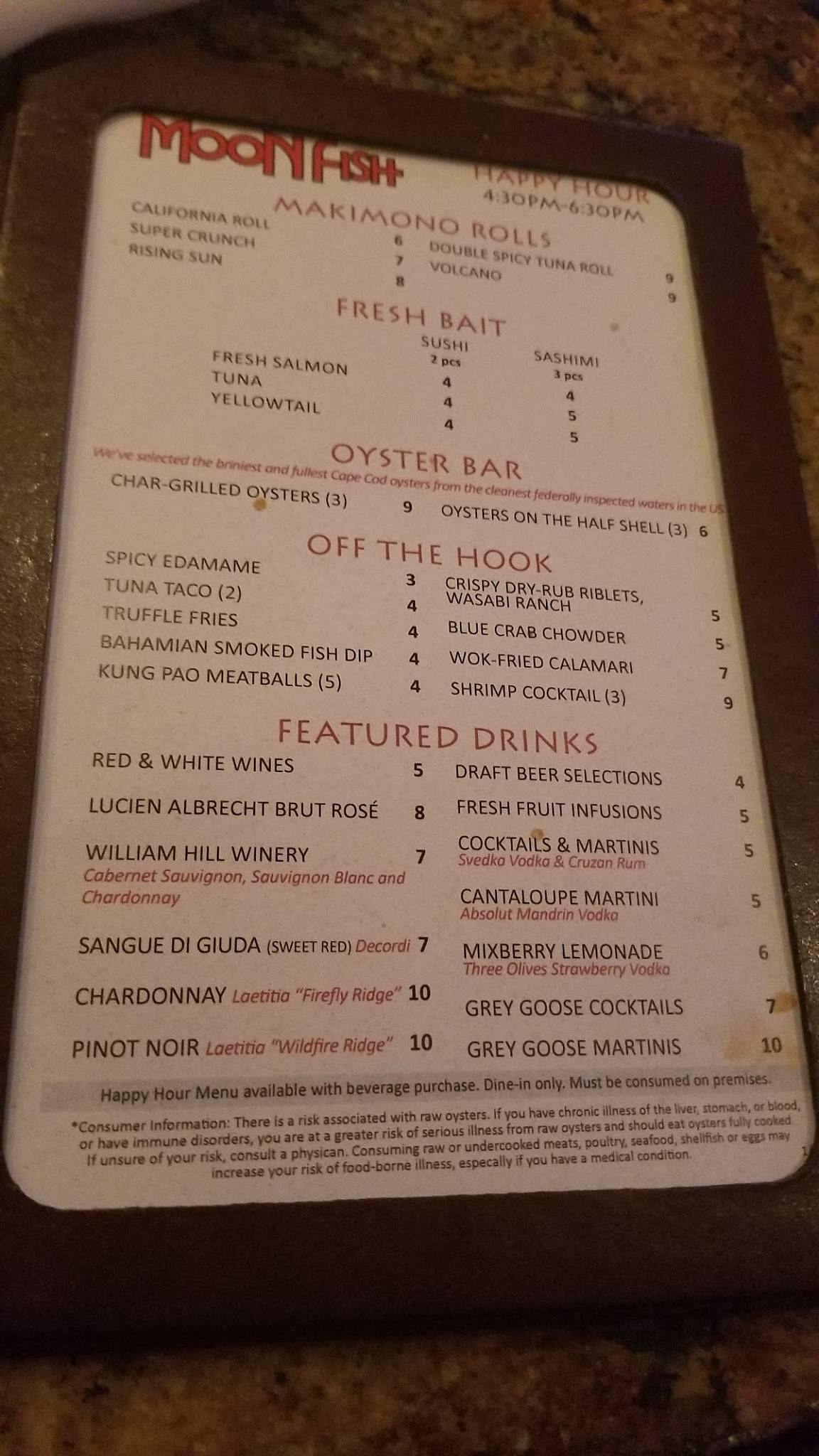 Menu at MoonFish restaurant, Orlando