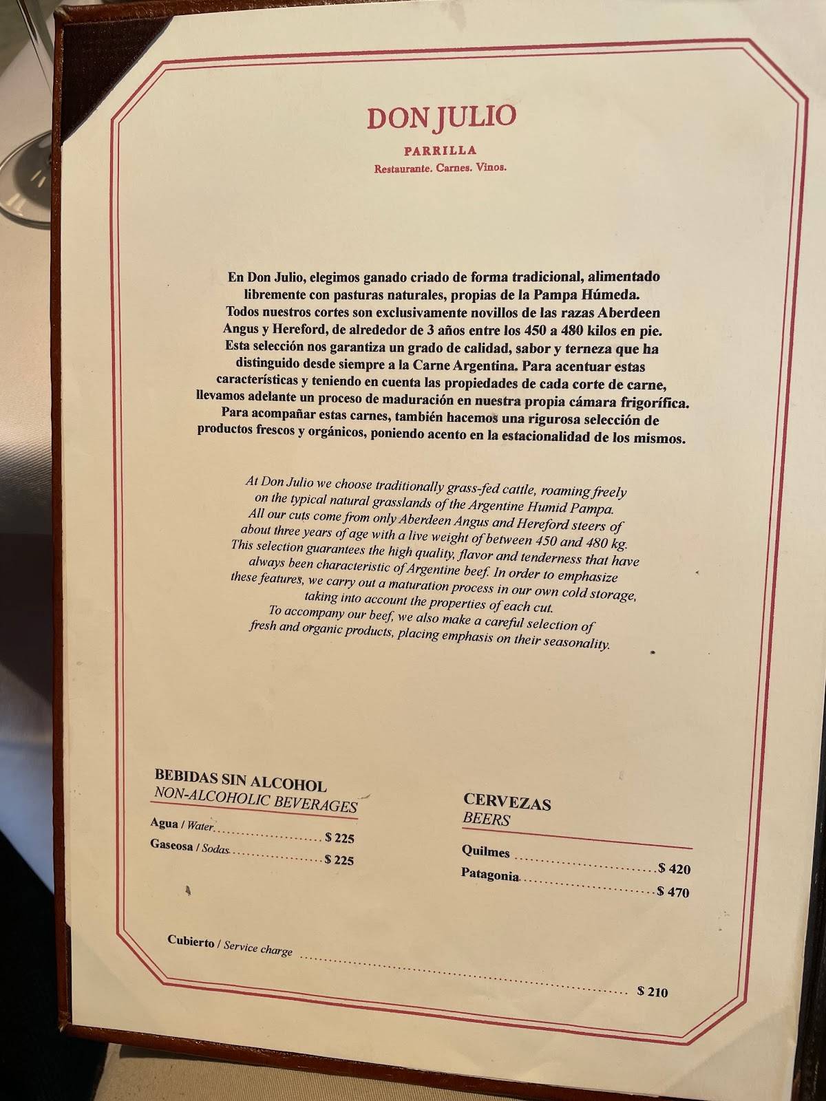 Menu at Don Julio steakhouse, Buenos Aires, Guatemala 4699