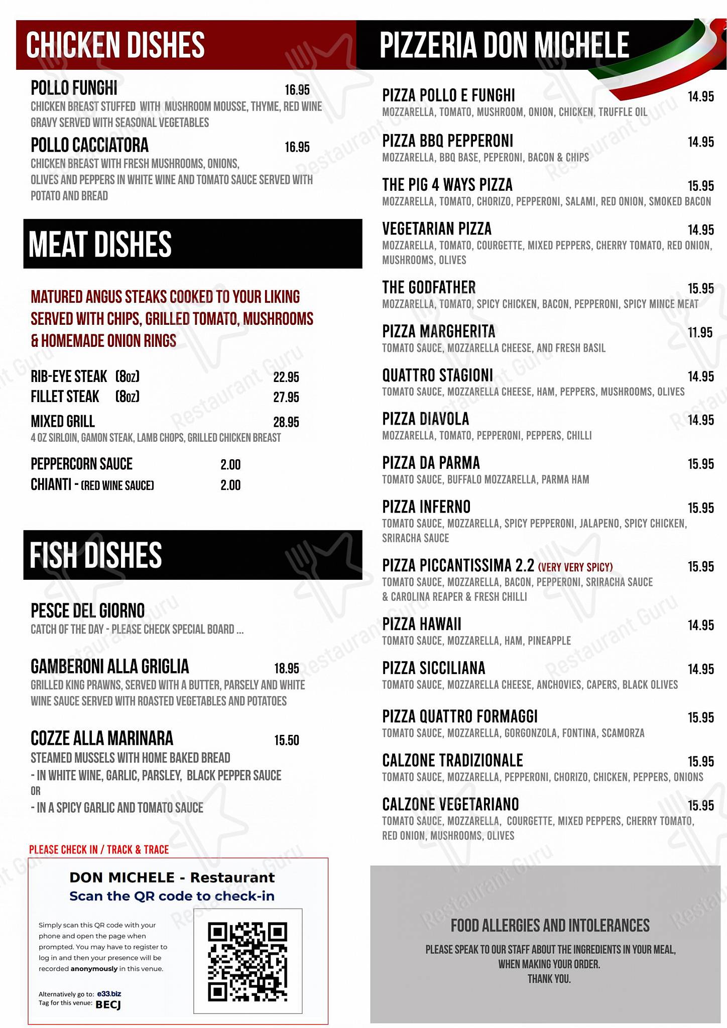 Menu at Don Michele Italian Restaurant, Dundee