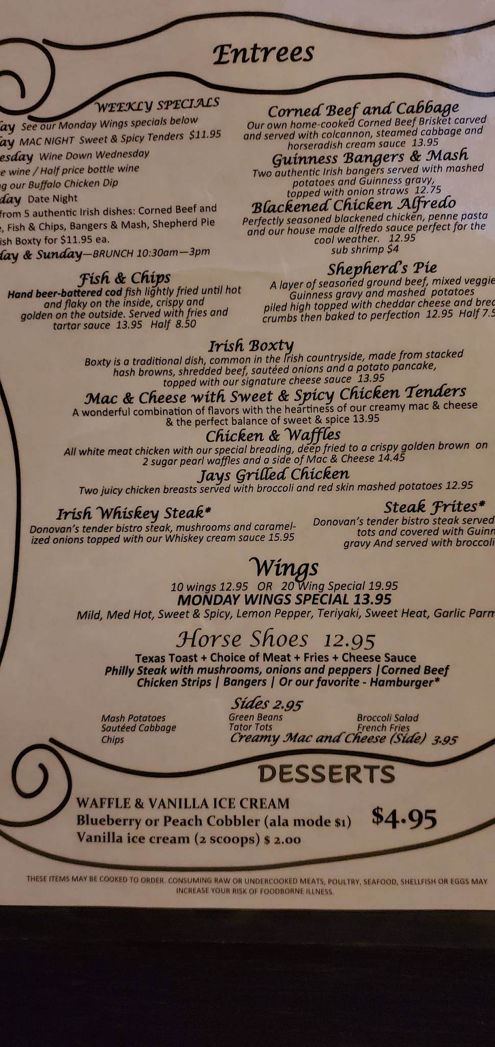 Menu at Donovan's Irish Cobbler restaurant, Woodstock