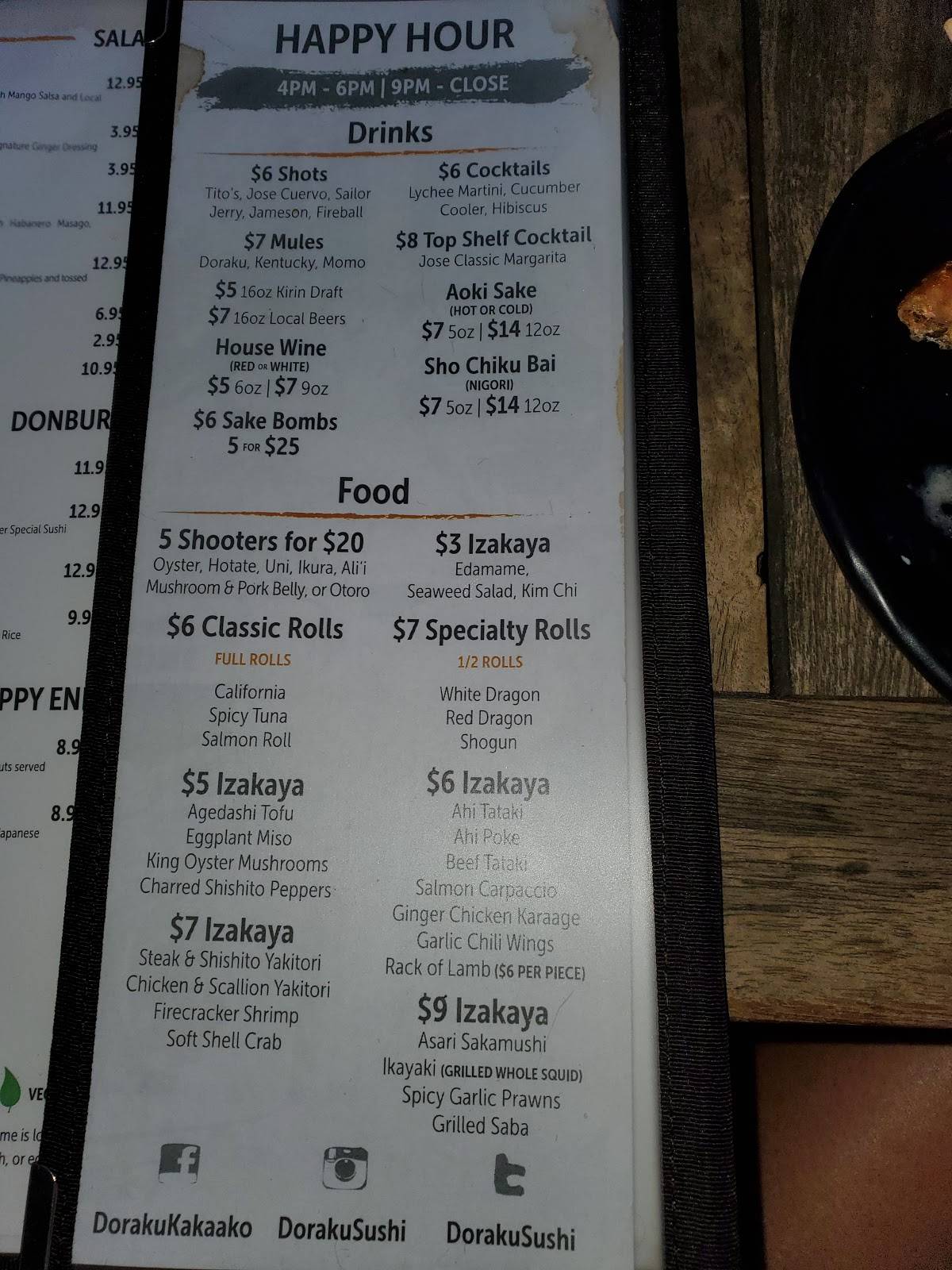 Menu at Doraku Sushi Kaka'ako restaurant, Honolulu, Kapiolani Blvd