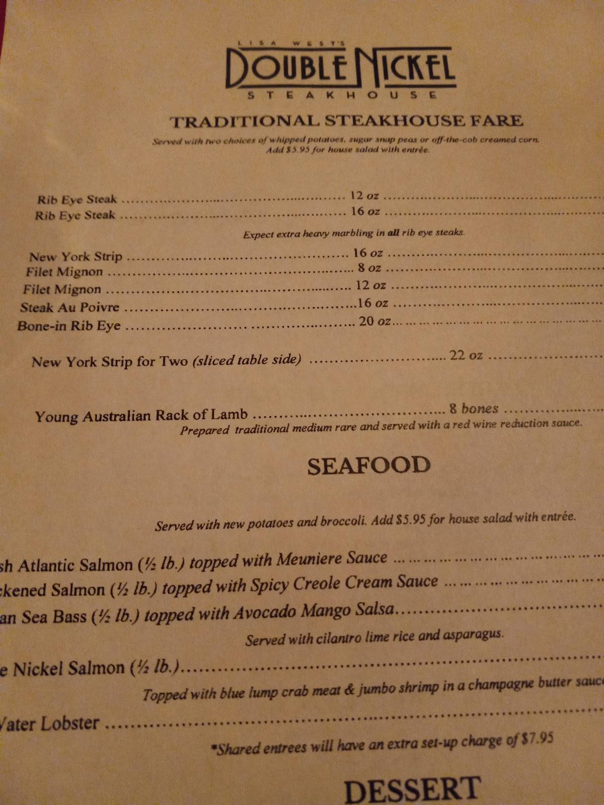 Menu at Double Nickel Steakhouse, Lubbock