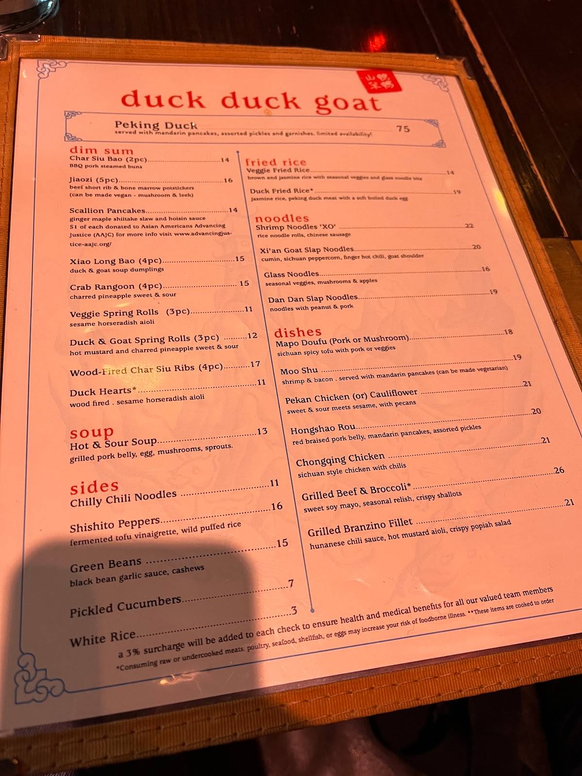Menu at Duck Duck Goat restaurant, Chicago