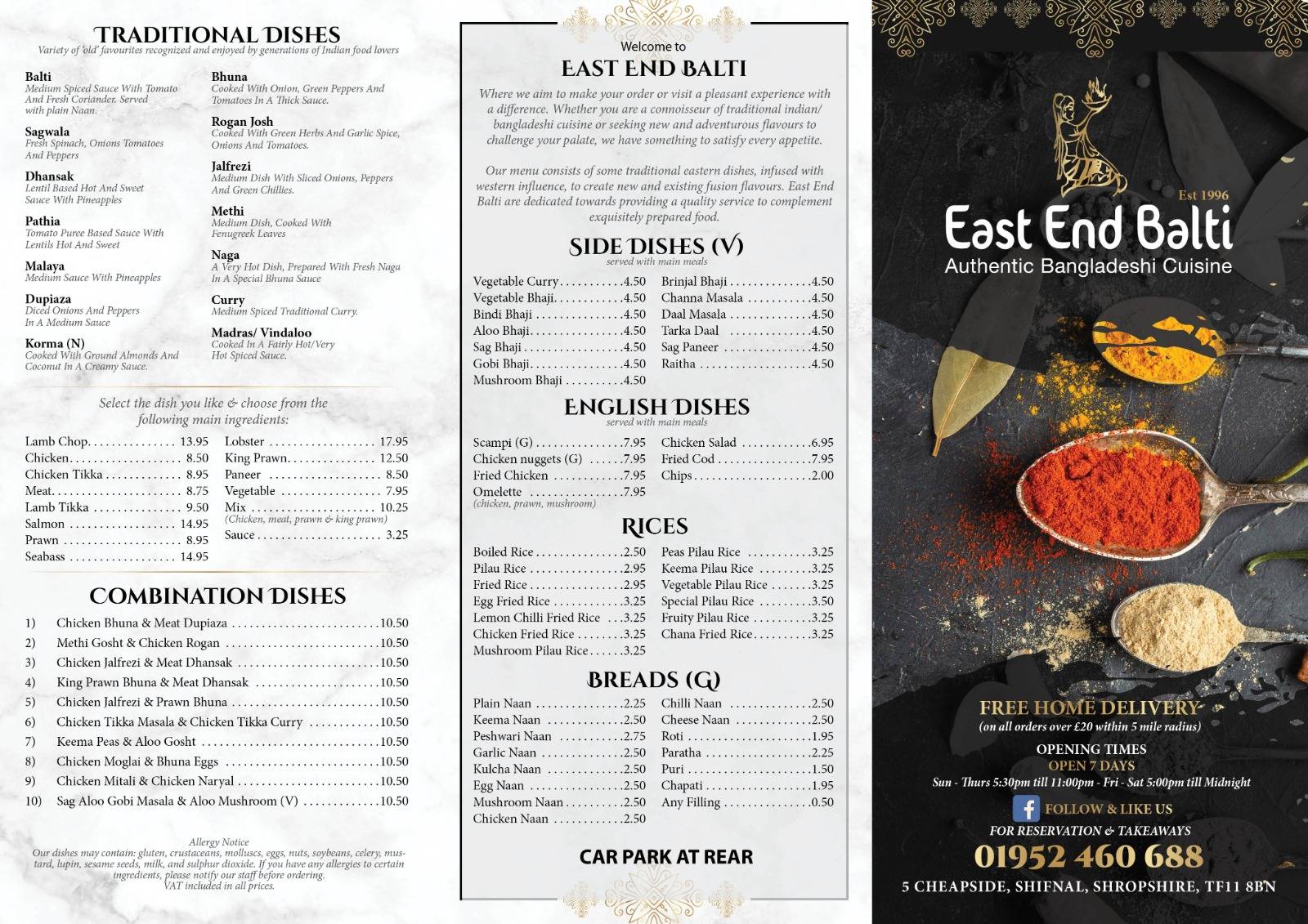 Menu at East End Balti restaurant, Shifnal
