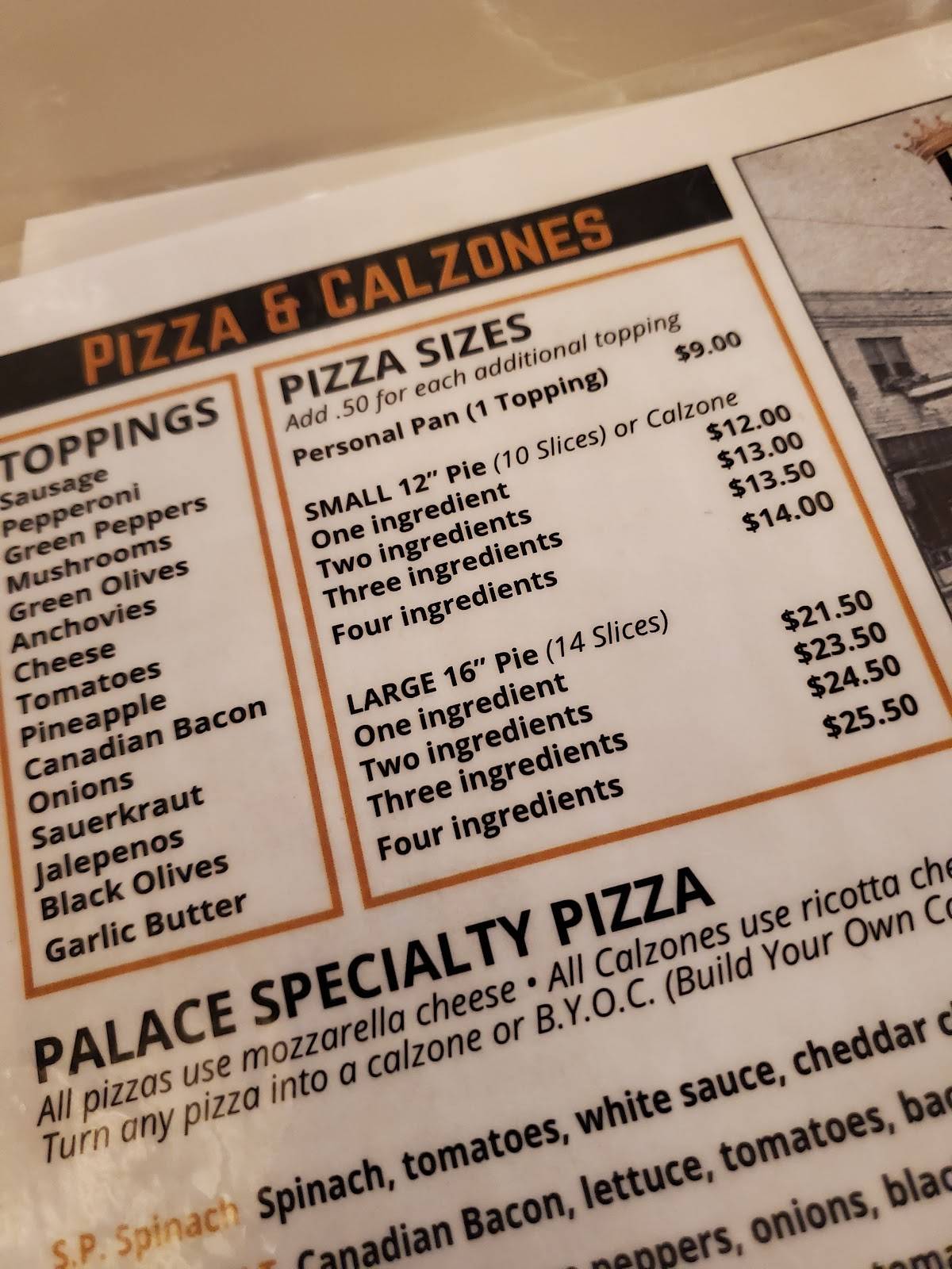 Menu at The Palace Tavern pub & bar, East Moline
